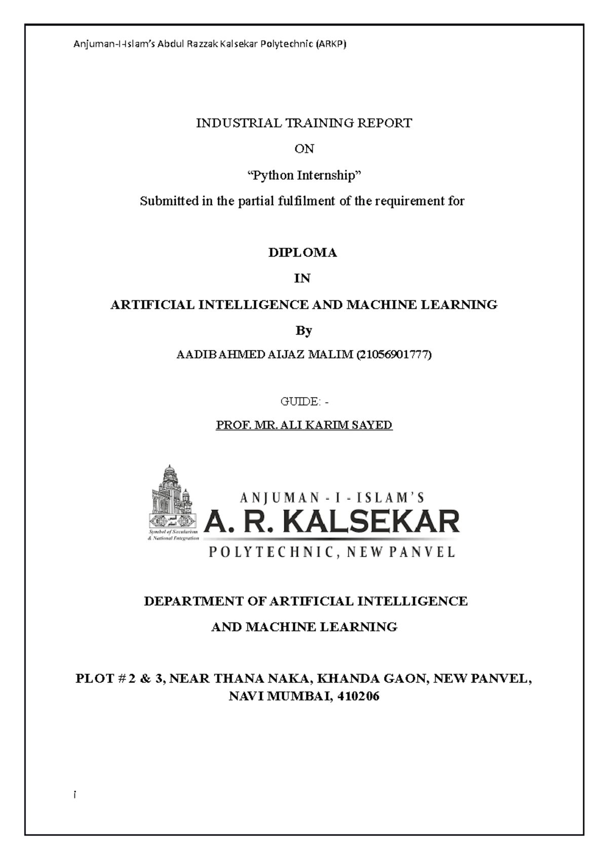 My report - mannual answer - INDUSTRIAL TRAINING REPORT ON “Python ...