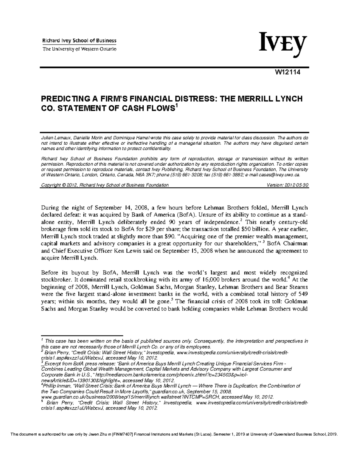 Predicting a Firm's FInancial Distress The Merrill Lynch Co Statement ...