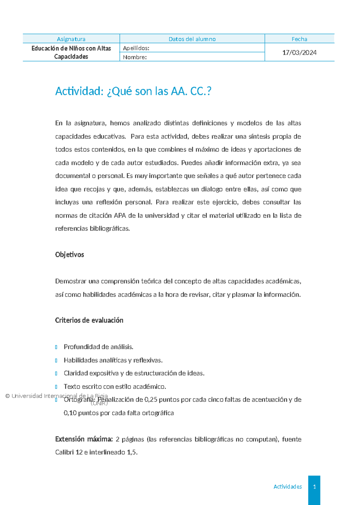 Actividad 1 Qué son las AACC - © Universidad Internacional de La Rioja ...