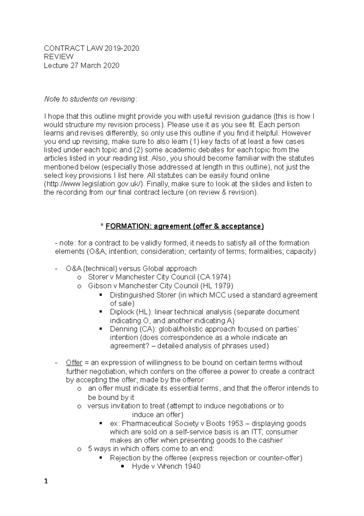 Module Review outline - CONTRACT LAW 2019- REVIEW Lecture 27 March 2020 ...