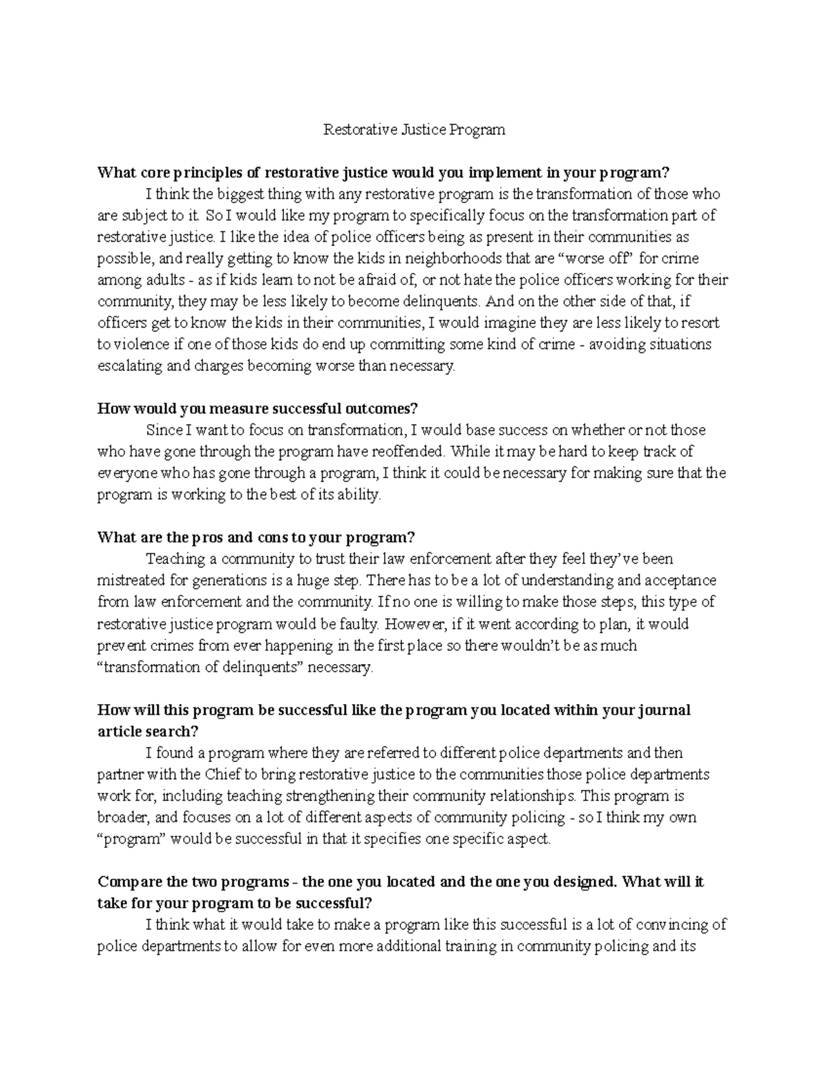 Restorative Justice Program - So I would like my program to ...
