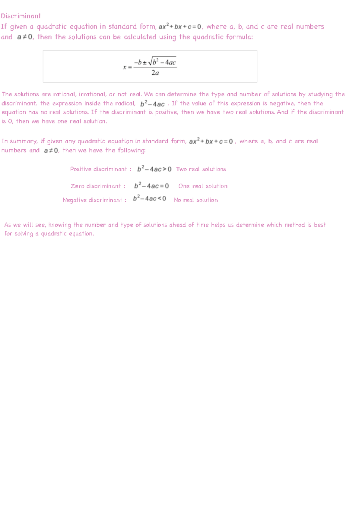Solve Equations In Quadratic Form Discriminant If Given A Quadratic