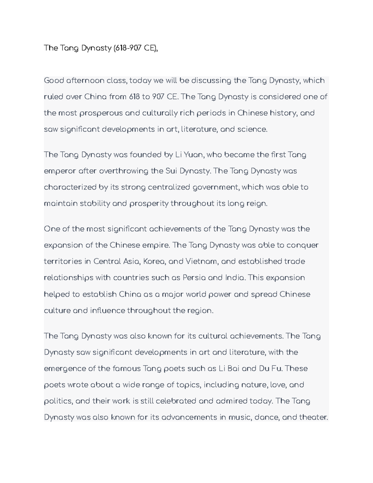 The Tang Dynasty (618-907 CE), - The Tang Dynasty is considered one of ...