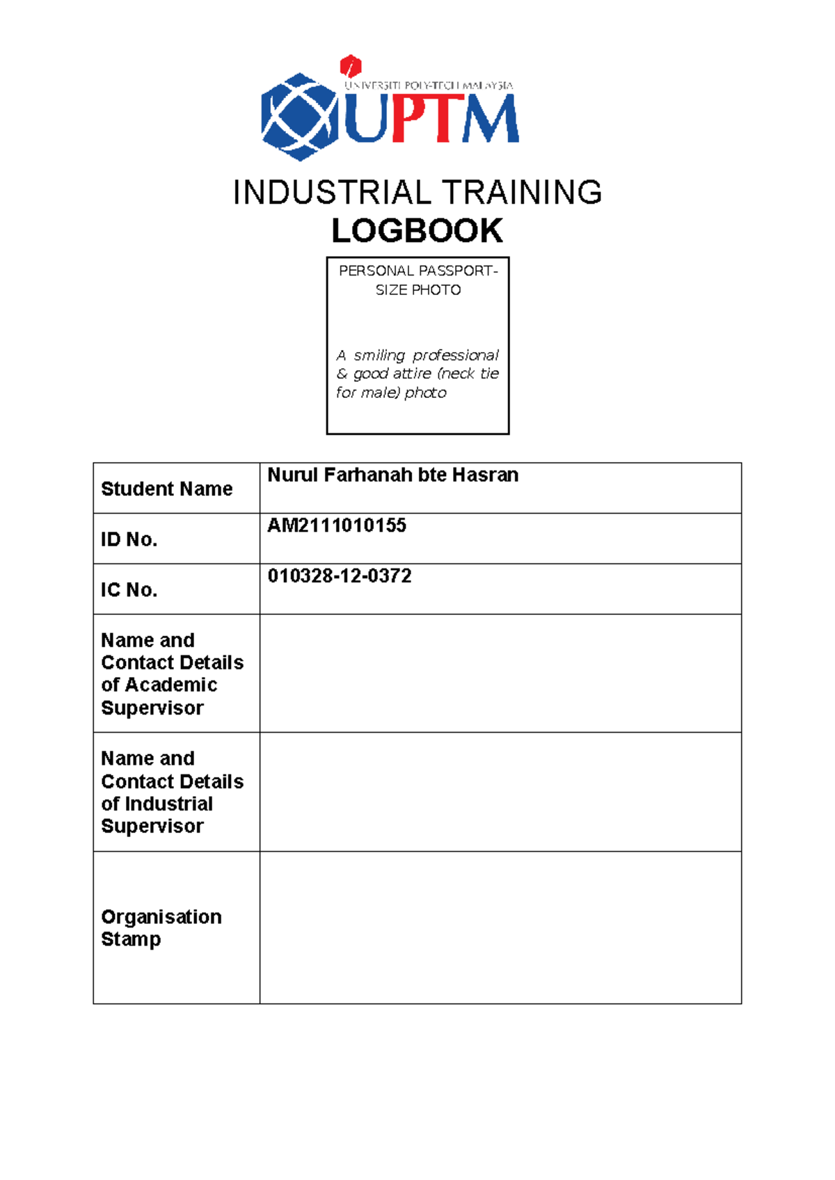 Week 1 Industrial Training Logbook Template (1) - INDUSTRIAL TRAINING ...