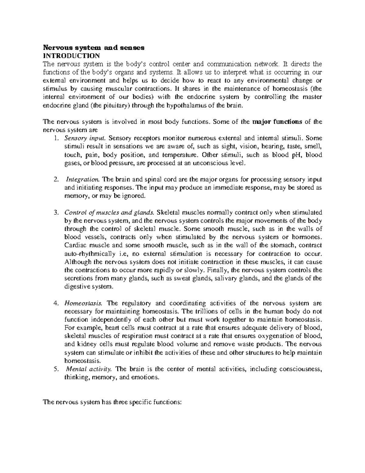 Nervous system 1 - simple notes - Nervous system and senses ...