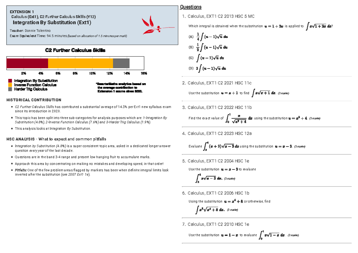 Integration by Substitution - EXTENSION 1 Calculus (Ext1), C2 Further ...