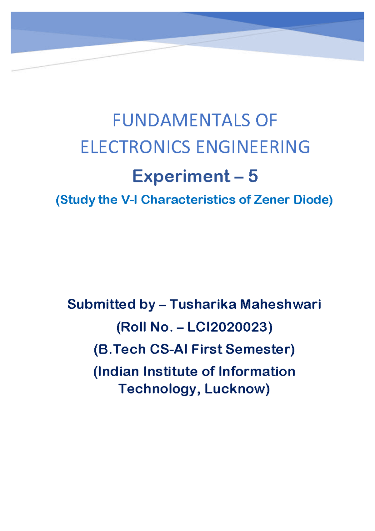 Experiment - 5 - Fundamentals of Electronics engineering - FUNDAMENTALS OF ELECTRONICS ...