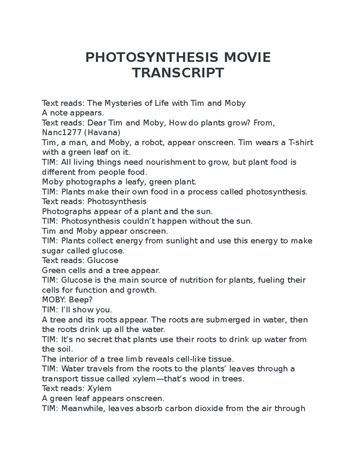 Photosynthesis Movie Transcript - PHOTOSYNTHESIS MOVIE TRANSCRIPT Text ...