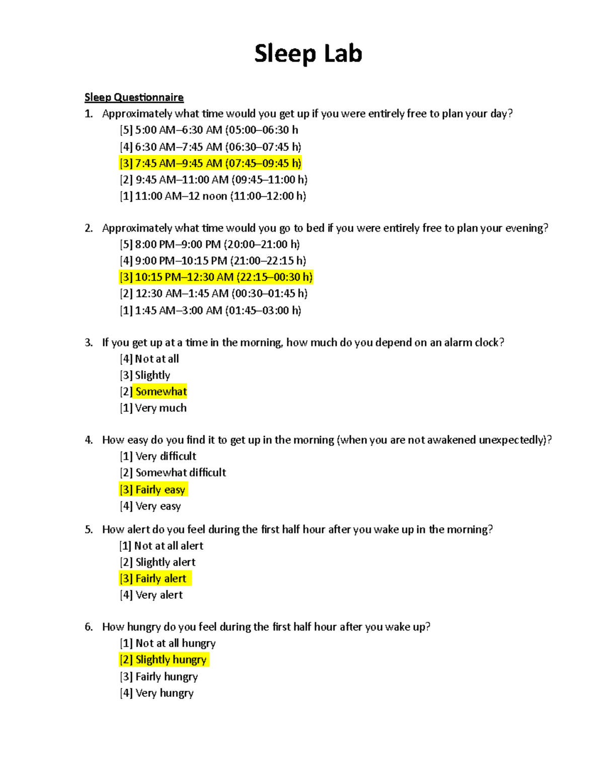 Biology 102 Sleep Lab - Sleep Lab Sleep Questionnaire Approximately ...