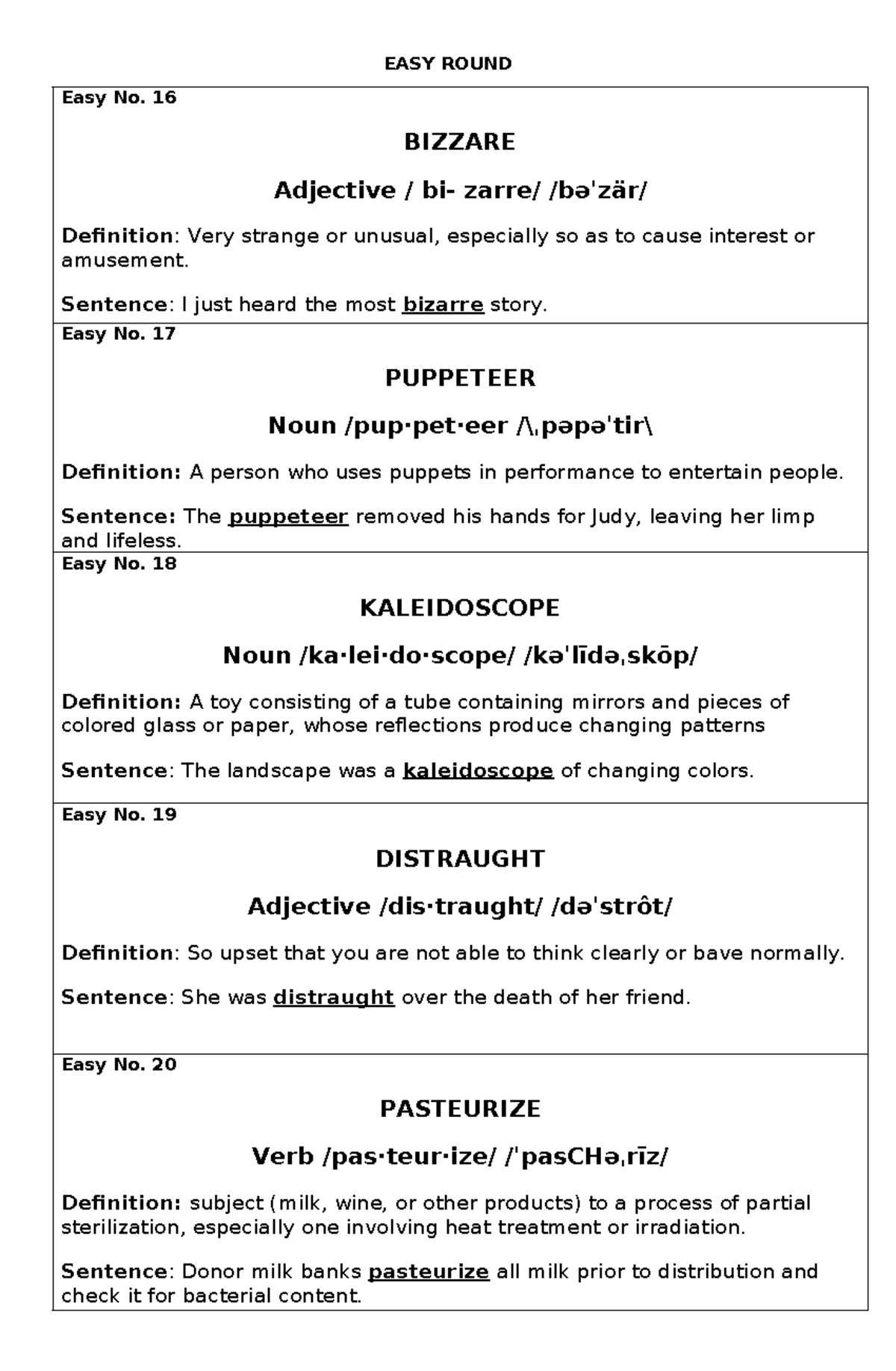 Spelling words Grade 10 - EASY ROUND Easy No. 16 BIZZARE Adjective / bi ...