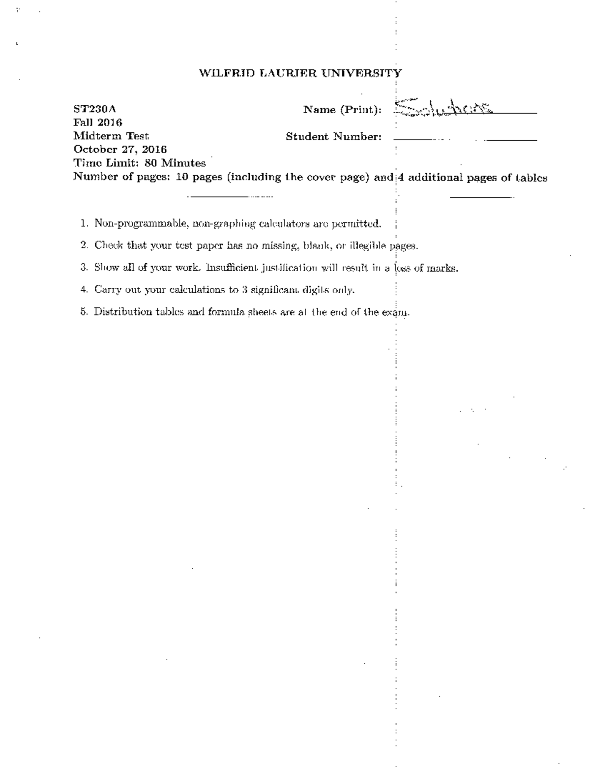 Midterm 2016 Solutions ST230 - ST230 - WLU - Studocu