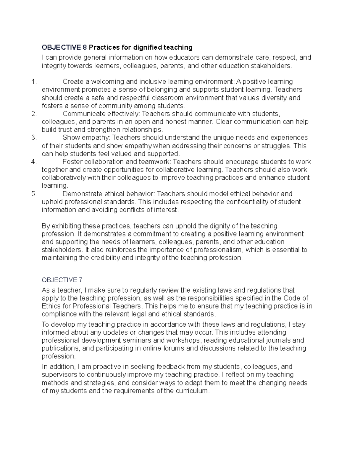 Teacher Relection Form - OBJECTIVE 8 Practices for dignified teaching I ...