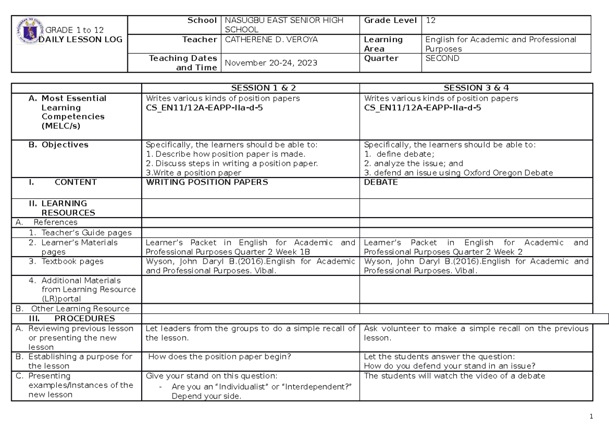 EAPP Q2 W3 - sample - GRADE 1 to 12 DAILY LESSON LOG School NASUGBU ...