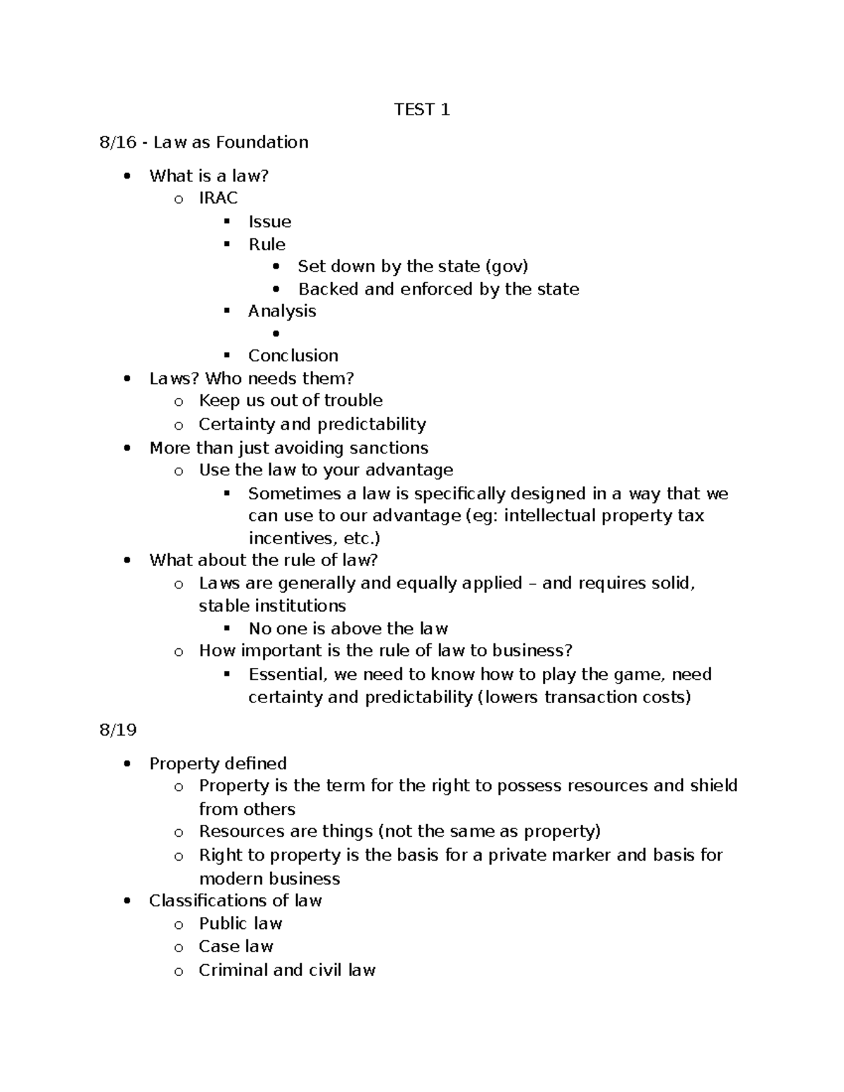 Legl 2700 - Jason Epstein - TEST 1 8/16 - Law as Foundation What is a ...
