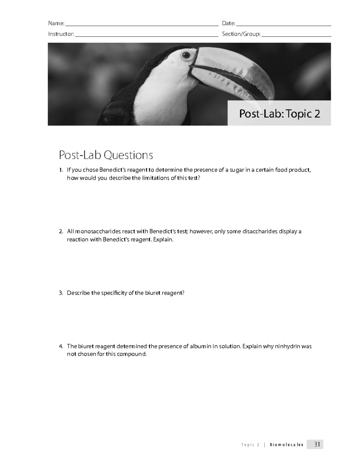 Topic 2 - Post Lab Questions - T o p i c 2 | B i o m o l e c u l e s 31 ...