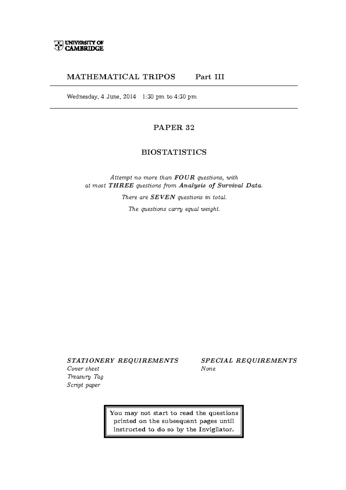 Exam 4 June 2014, questions - MATHEMATICAL TRIPOS Part III Wednesday, 4 ...