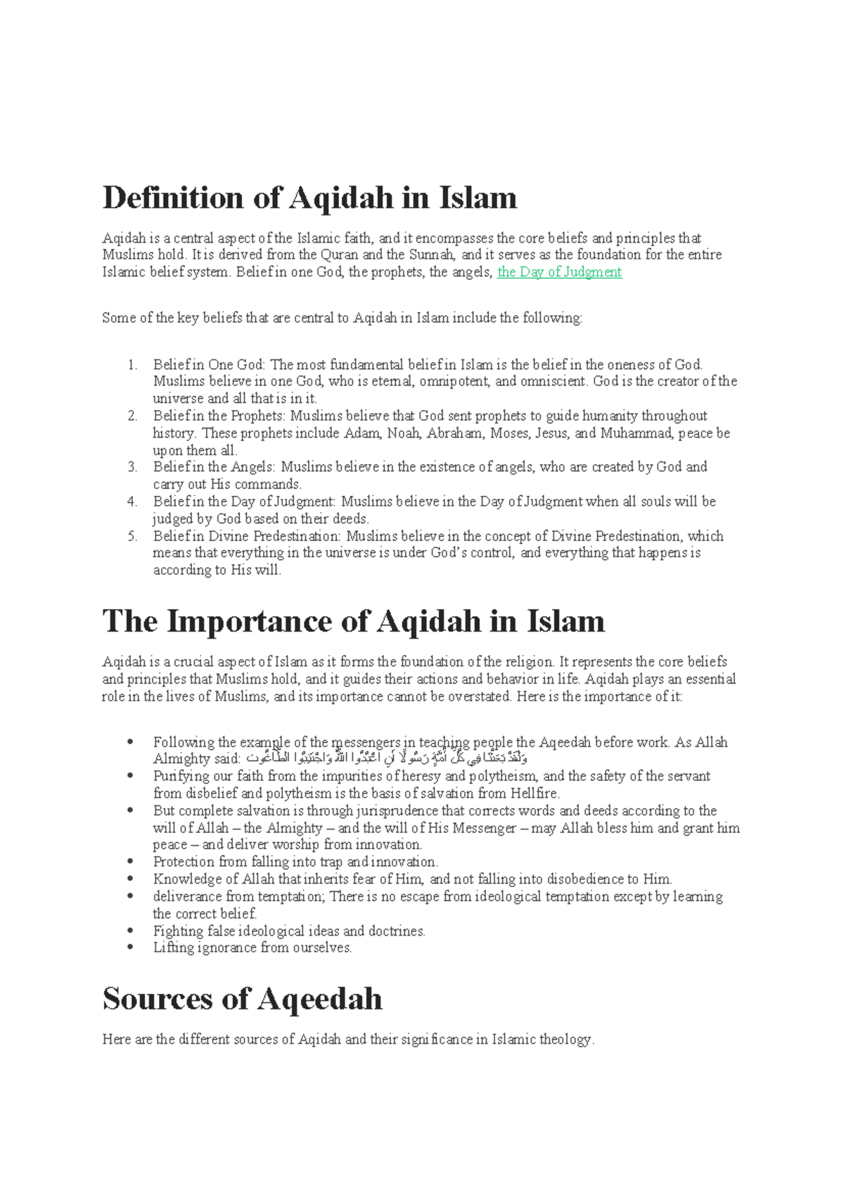 Definition of Aqidah - It is derived from the Quran and the Sunnah, and ...