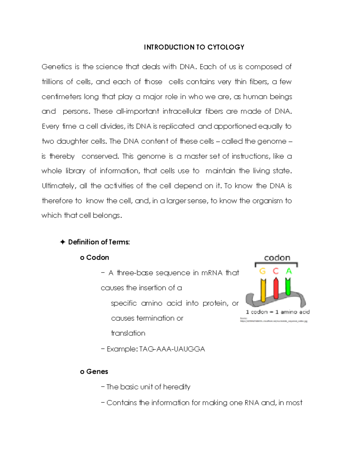 Introduction TO Cytology - INTRODUCTION TO CYTOLOGY Genetics is the ...
