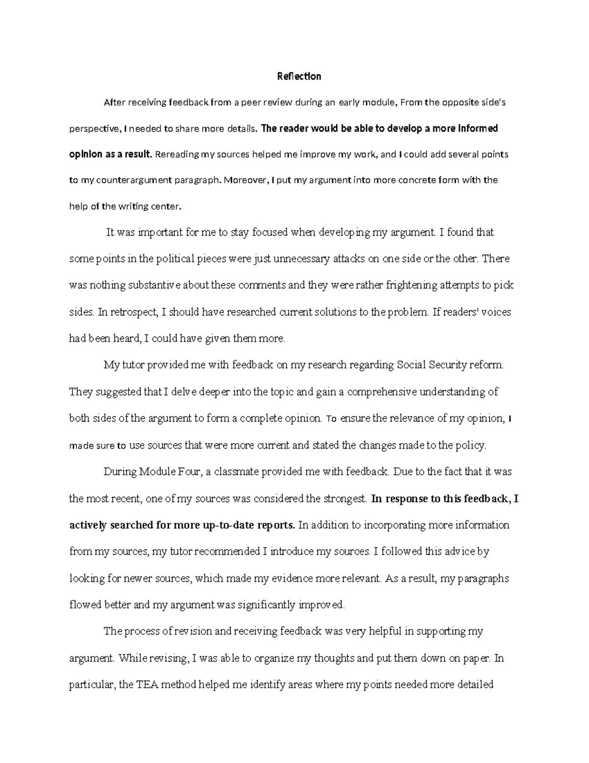 Reflection 1 - work - Reflection After receiving feedback from a peer ...