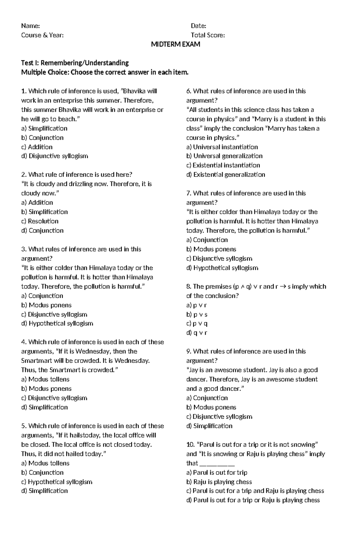 Midterm Exam Cs 121 Discrete Structures Is A Foundational Subject In Computer Science And
