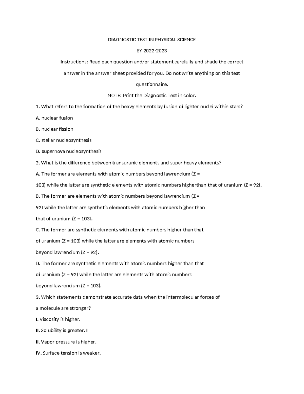 Diagnostic TEST IN Physical Science - DIAGNOSTIC TEST IN PHYSICAL ...
