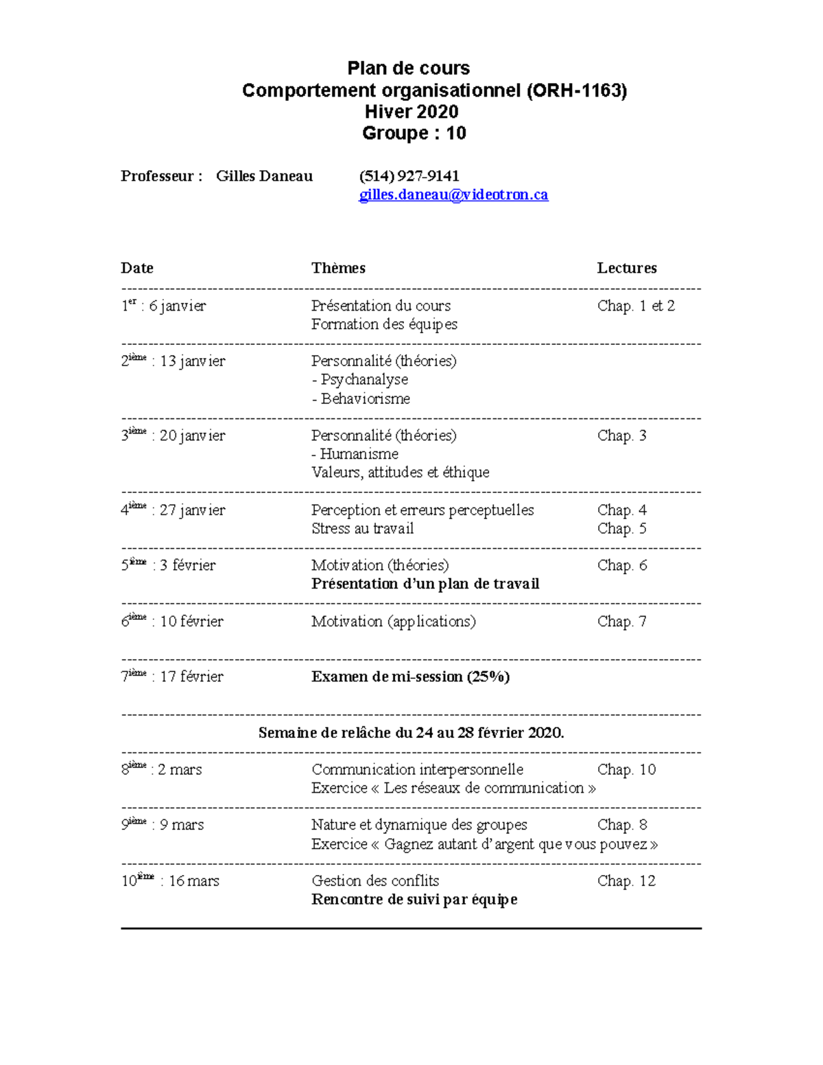 Horaire de cours ORH-1163-10 (Hiver 2020) - Plan de cours Comportement organisationnel (ORH-1163 ...