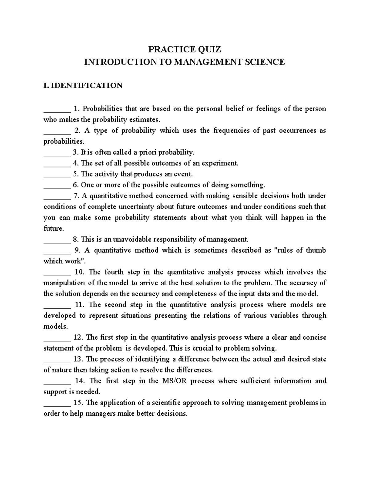 Practice QUIZ Introdution TO Management Science - PRACTICE QUIZ ...