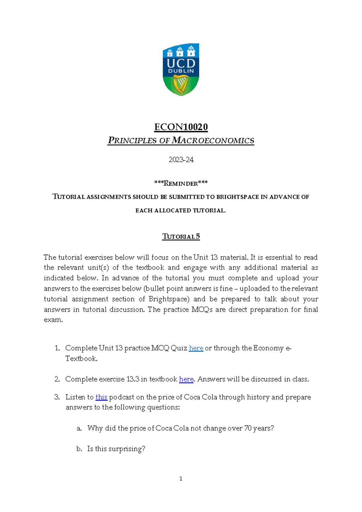 Tutorial 5 Assignment 2023-24 - 1 ECON 10020 PRINCIPLES OF ...