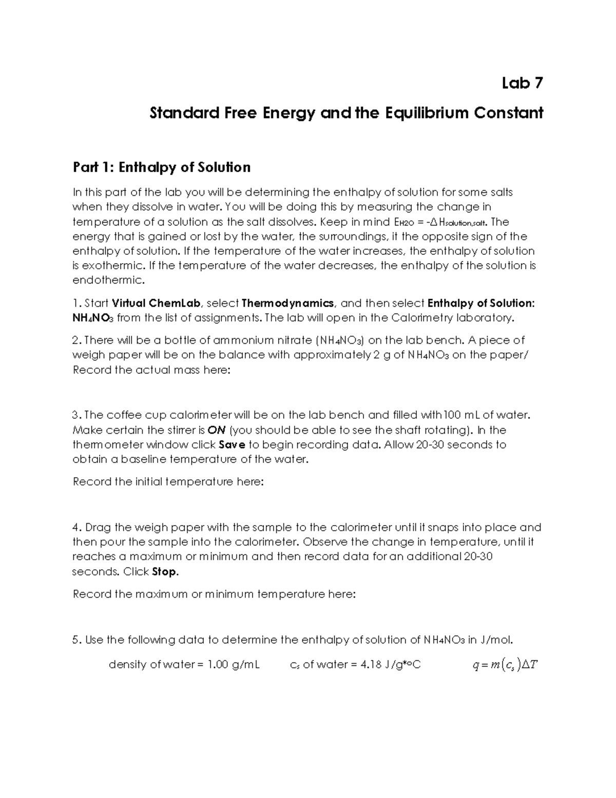 Lab 7 Worksheet - Lab 7 Standard Free Energy and the Equilibrium ...