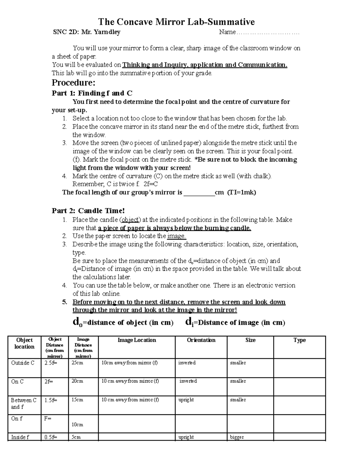 Copy of Lab Con Mirr - Lab - The Concave Mirror Lab-Summative SNC 2D ...