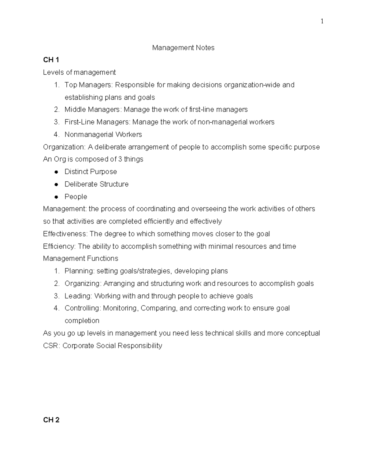 Management Notes - lec 1-7 - Management Notes CH 1 Levels of management ...