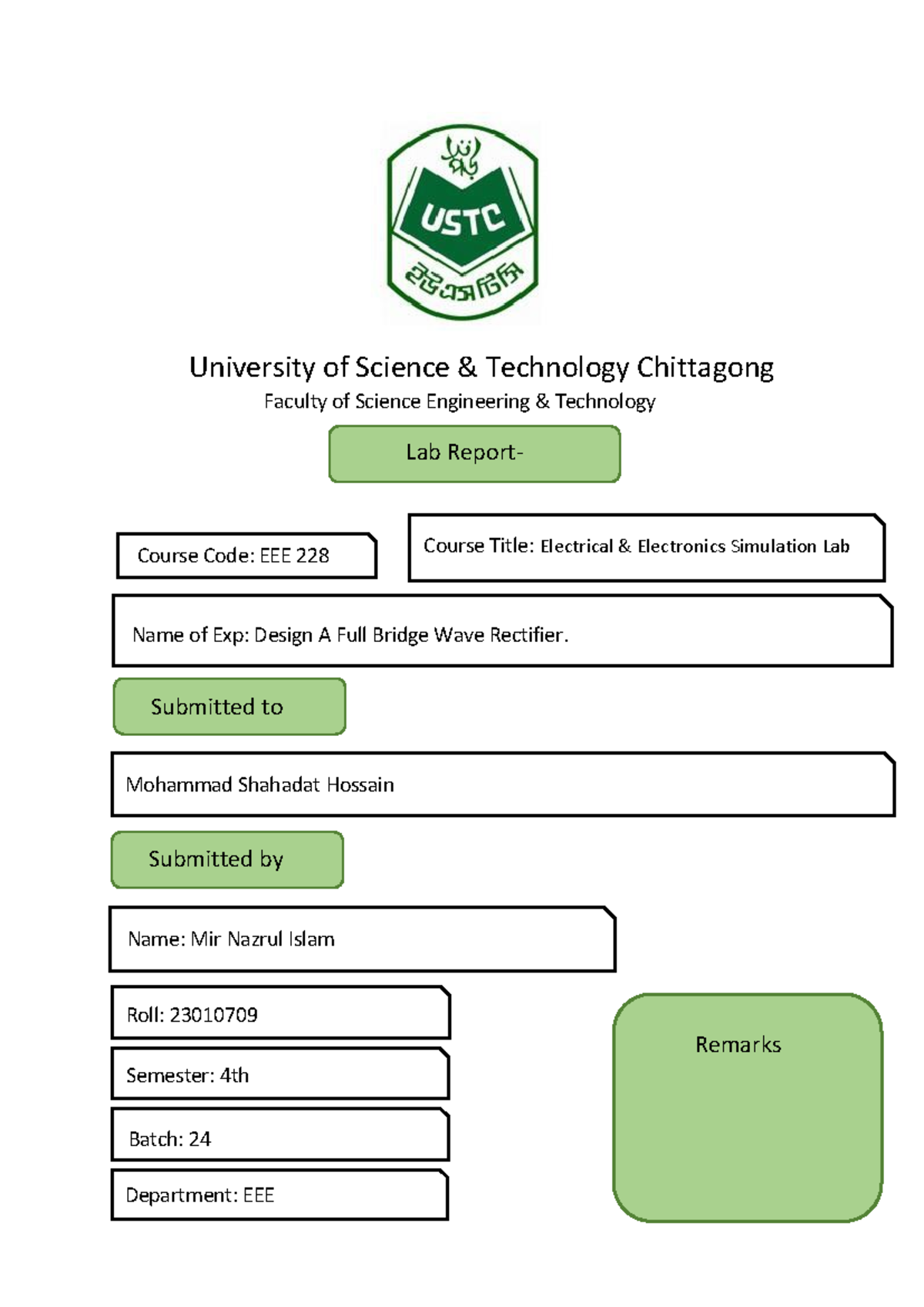 Full Bridge Wave Rectifier Lab Report - University of Science ...