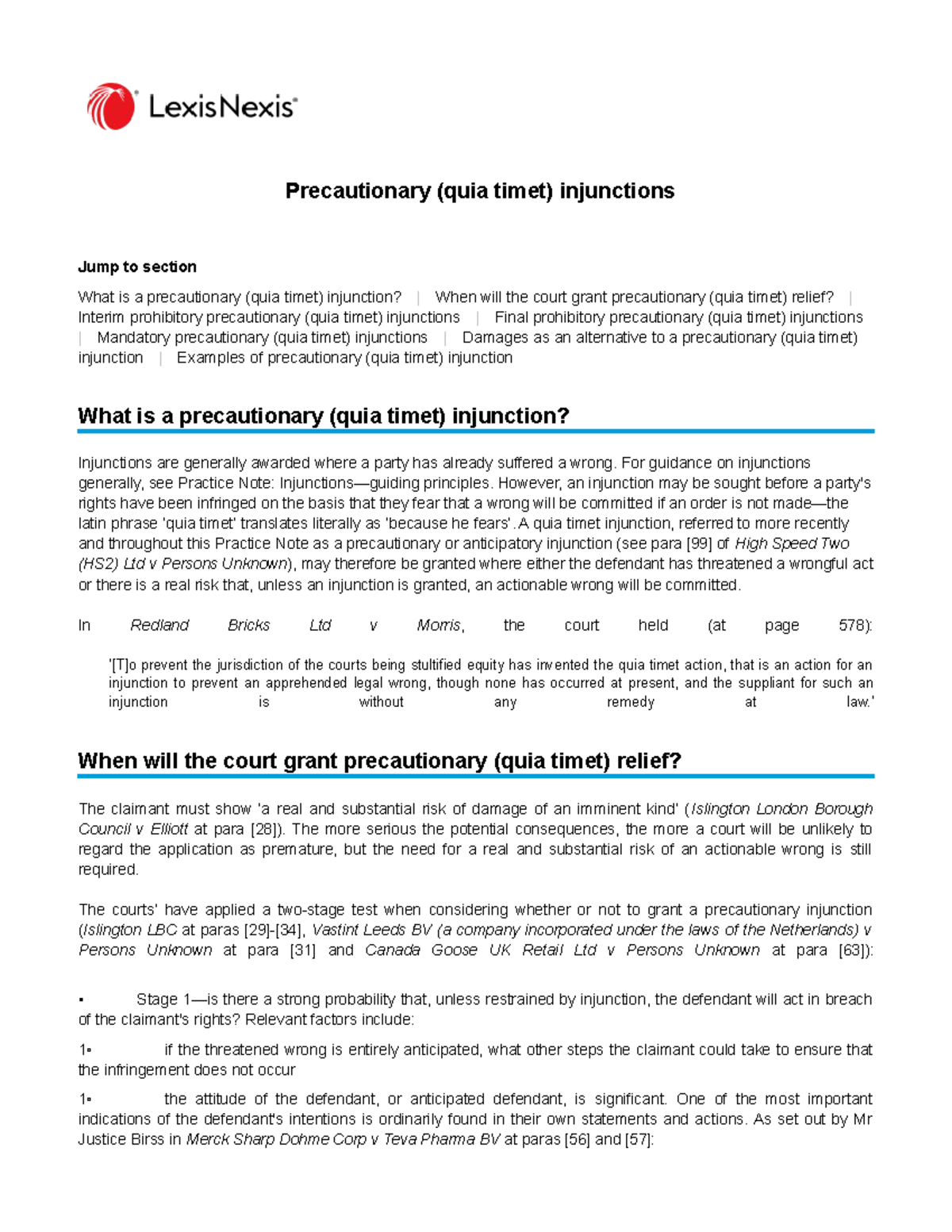 Precautionary (quia timet) injunctions - For guidance on injunctions ...