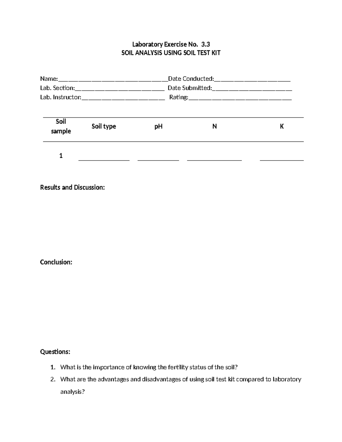 Laboratory Exercise No 3 - 3. SOIL ANALYSIS USING SOIL TEST KIT Name ...