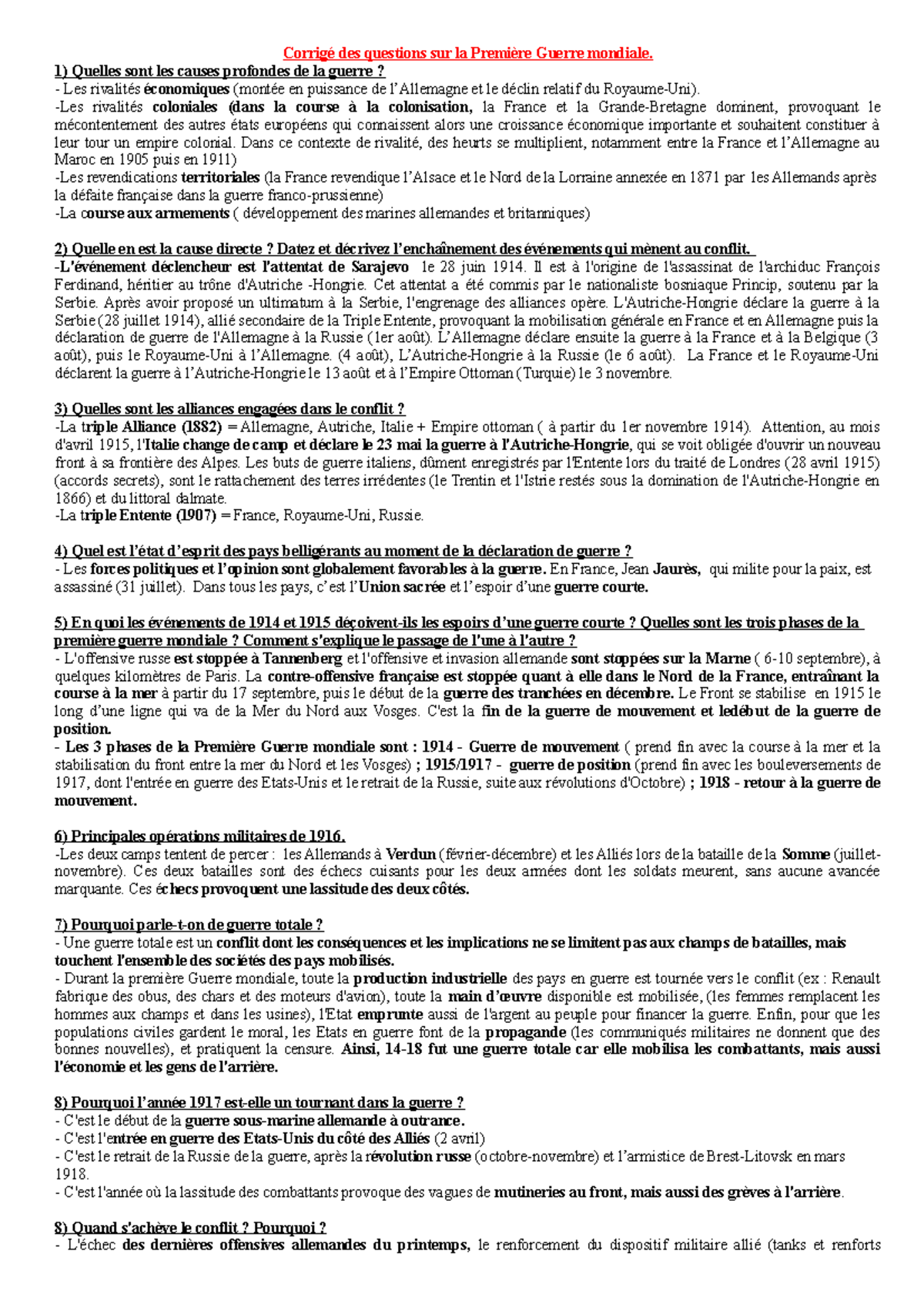 Corrigé des questions sur la Première Guerre mondiale - Quelles sont ...