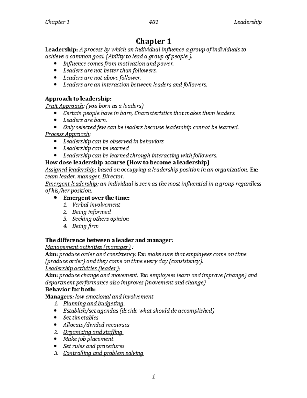 Leadership summary - Chapter A process which an individual influence a ...