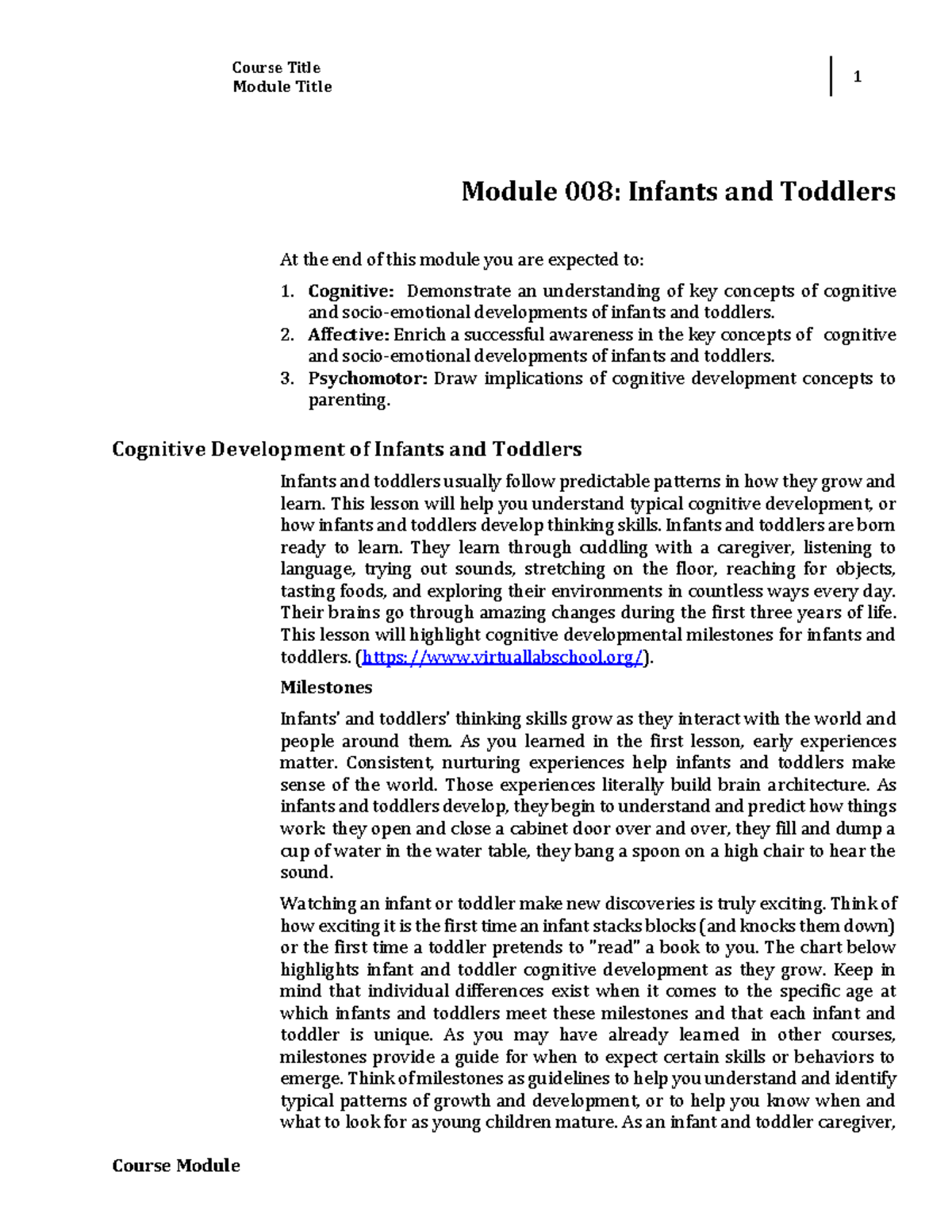 W10-Module 8 - Infants and Toddlers - Module Title 1 Module 00 8 ...