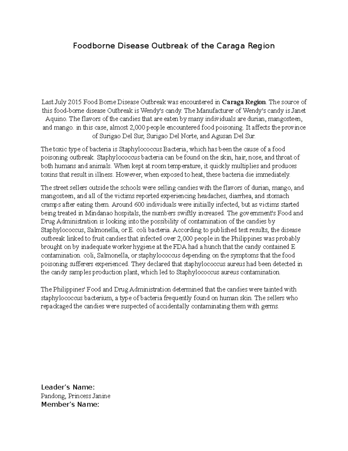 Group-1-foodborne-disease-outbreak - Foodborne Disease Outbreak of the ...