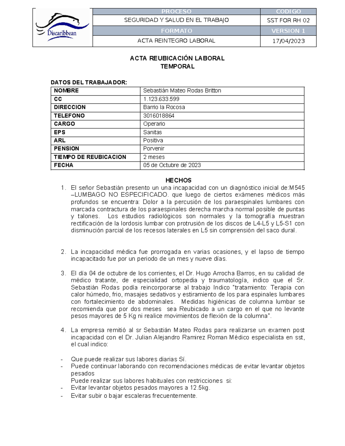 Anexo 1- acta de reubicacion laboral sebastian britton - Reubicacion 2 - PROCESO CODIGO ...