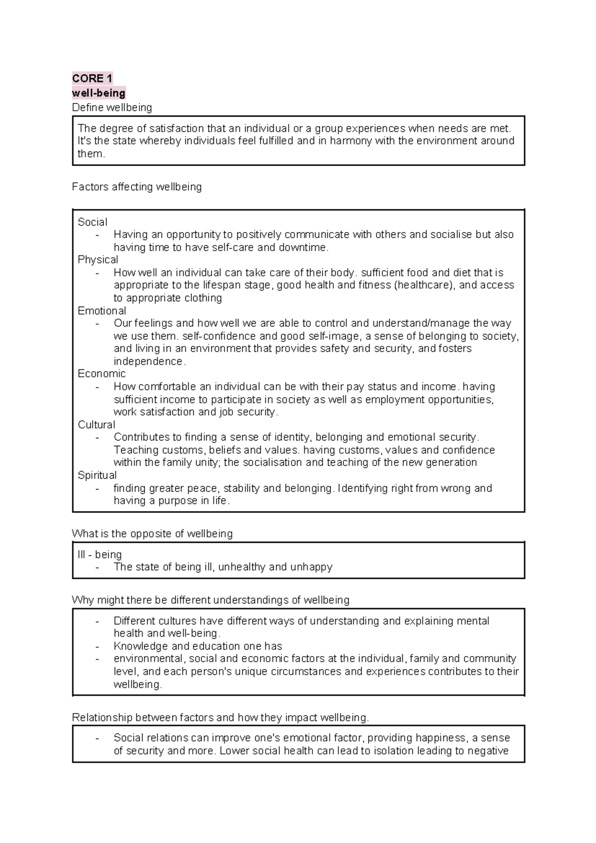 Cafs Study - Year 11 Cafs full course - CORE 1 well-being Define ...