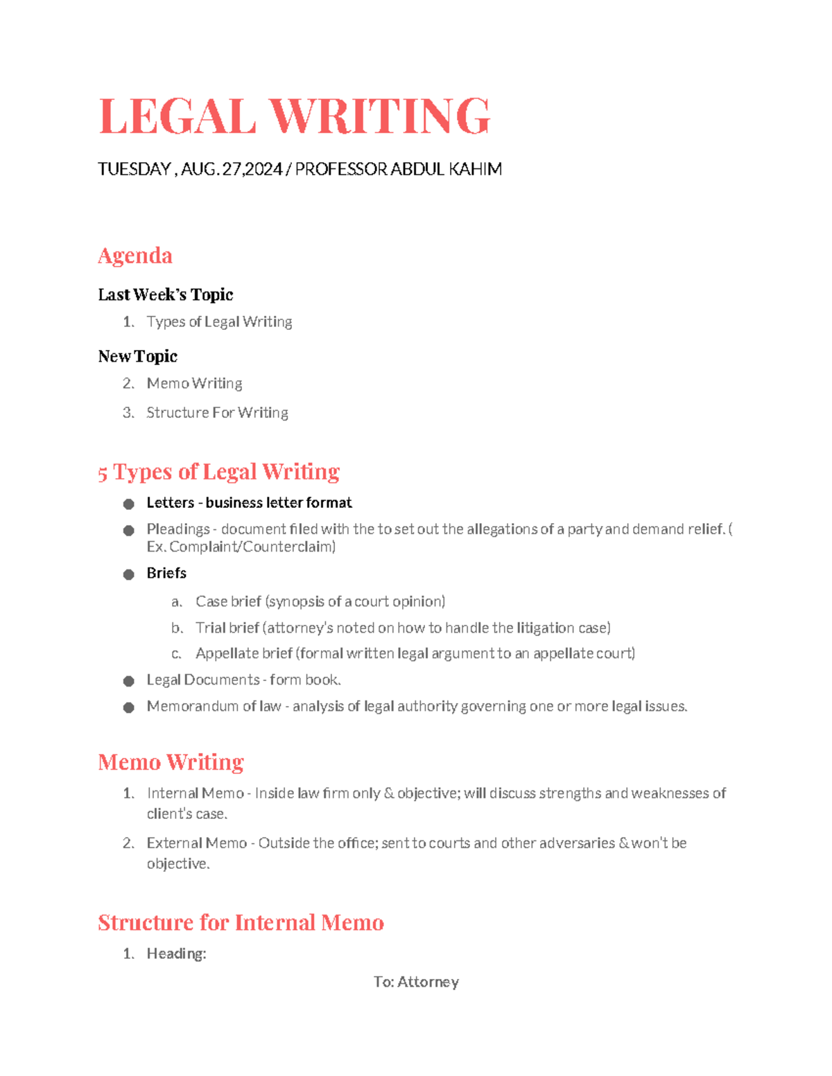 Legal Writing Notes - LEGAL WRITING TUESDAY , AUG. 27,2024 / PROFESSOR ...