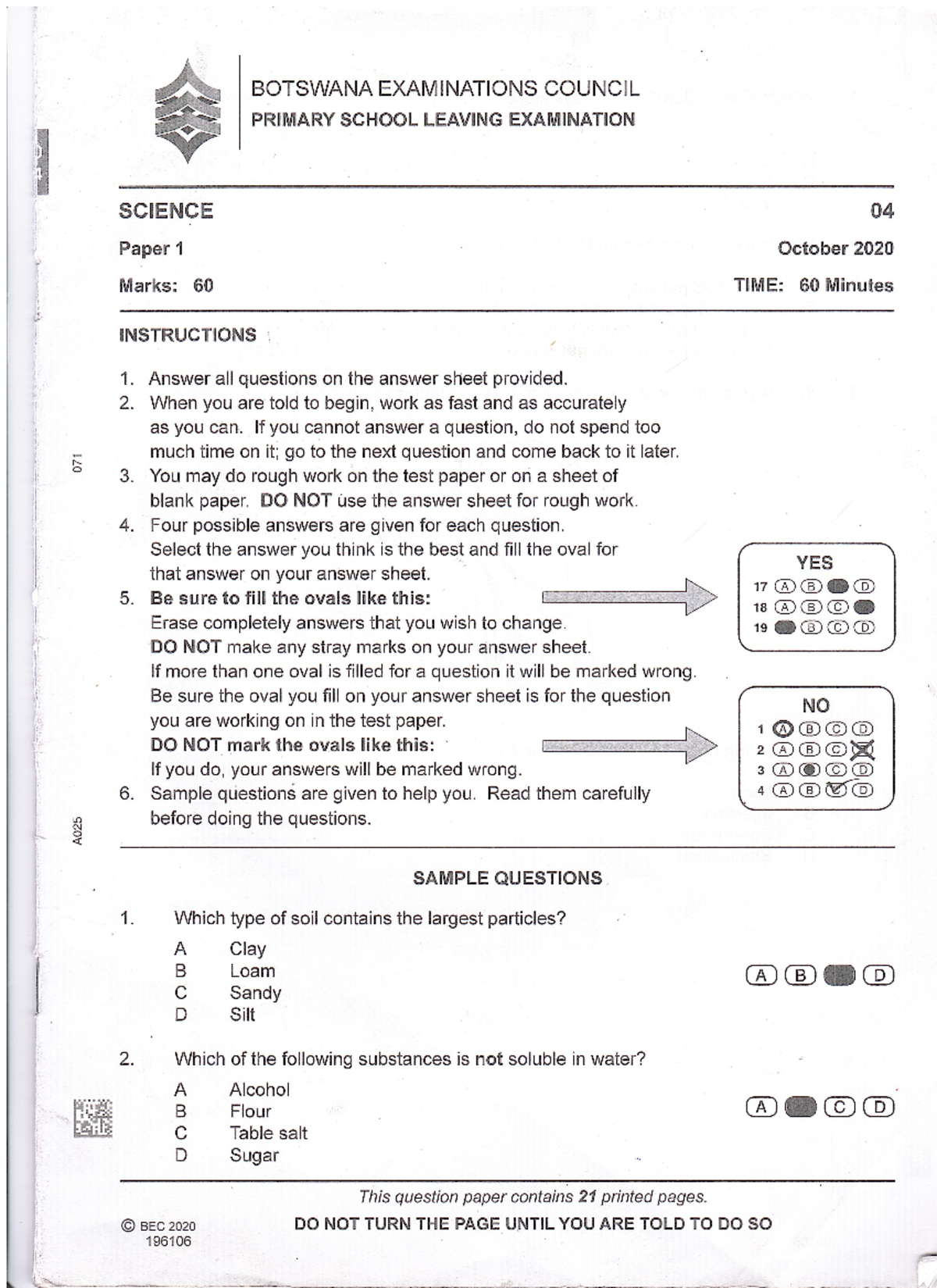PSLE Science 2020 & Marking KEY WP 102022 - Earth environmental science ...
