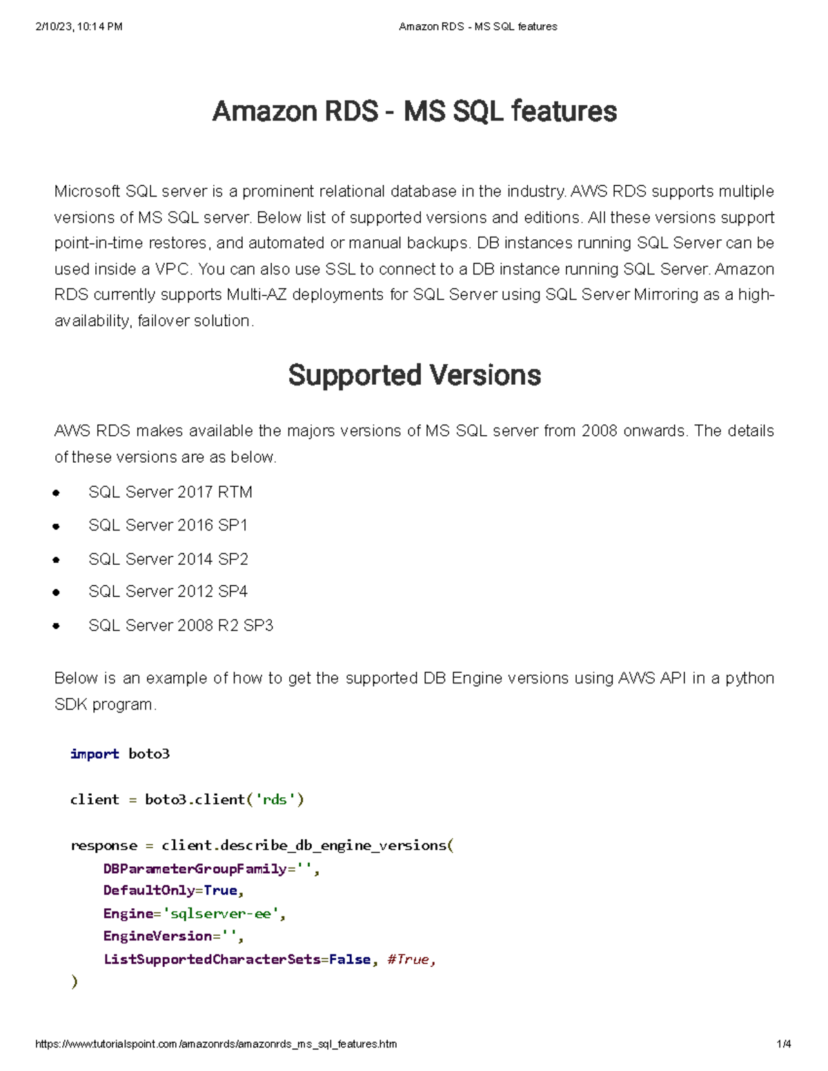 Amazon RDS - MS SQL features - A mazon R DS - M S S QL featu r es ...
