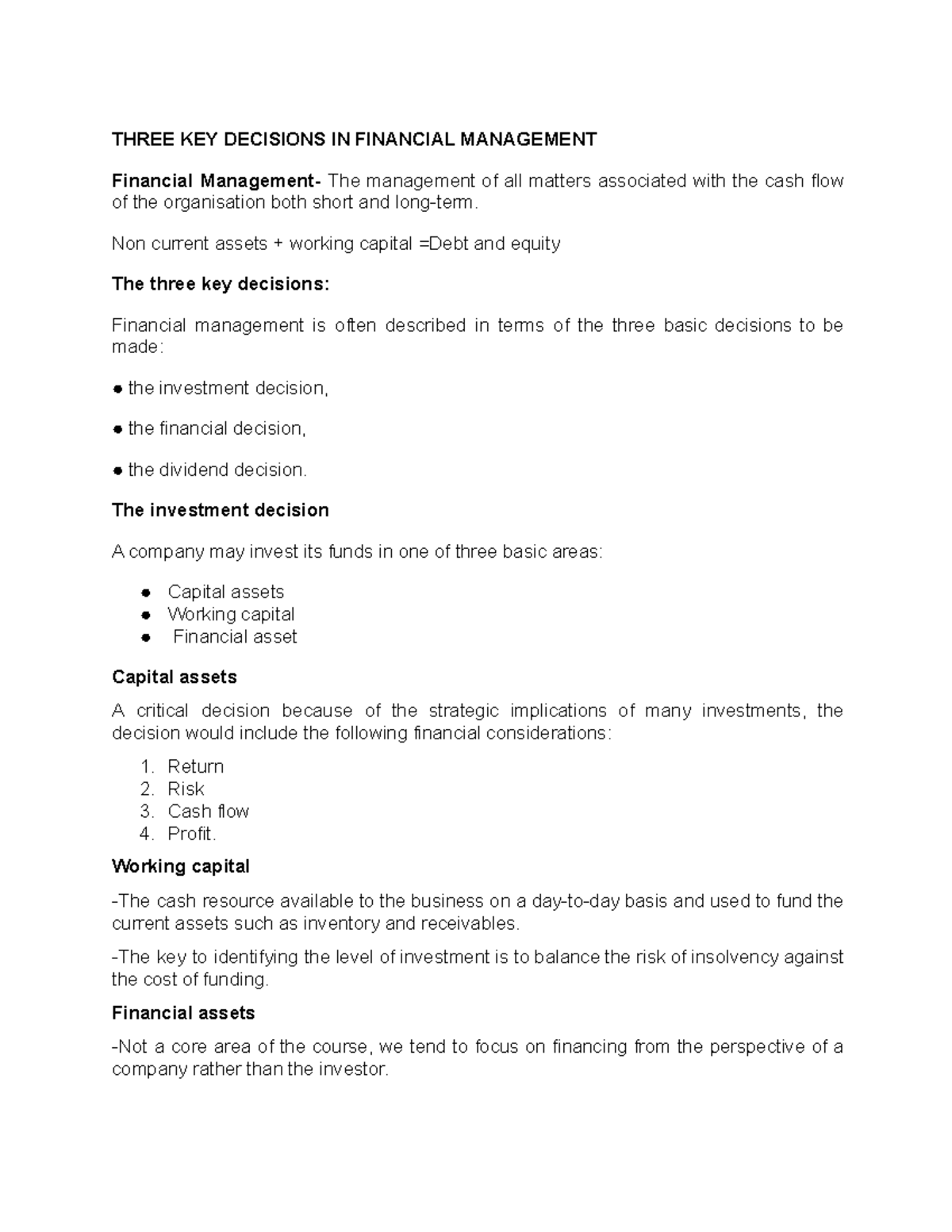 Three KEY Decisions IN Financial Management -notes - THREE KEY ...