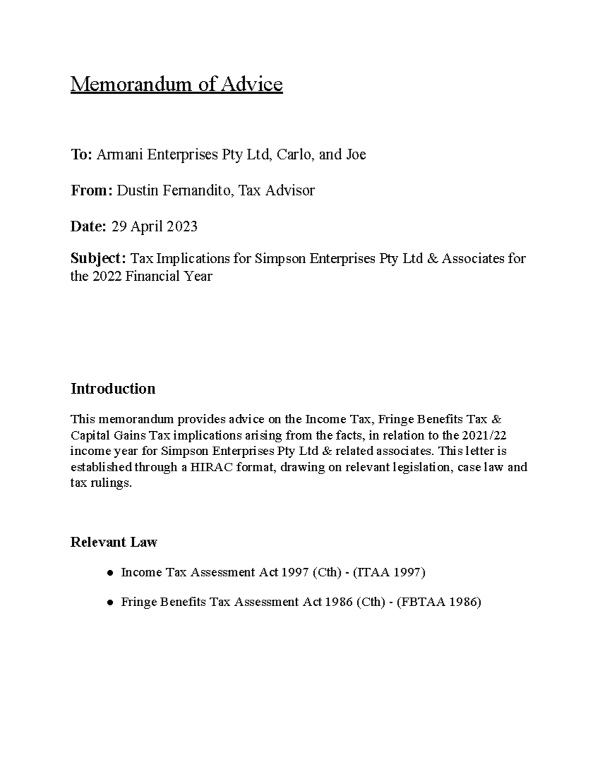 Memorandum of Advice - This letter is established through a HIRAC ...