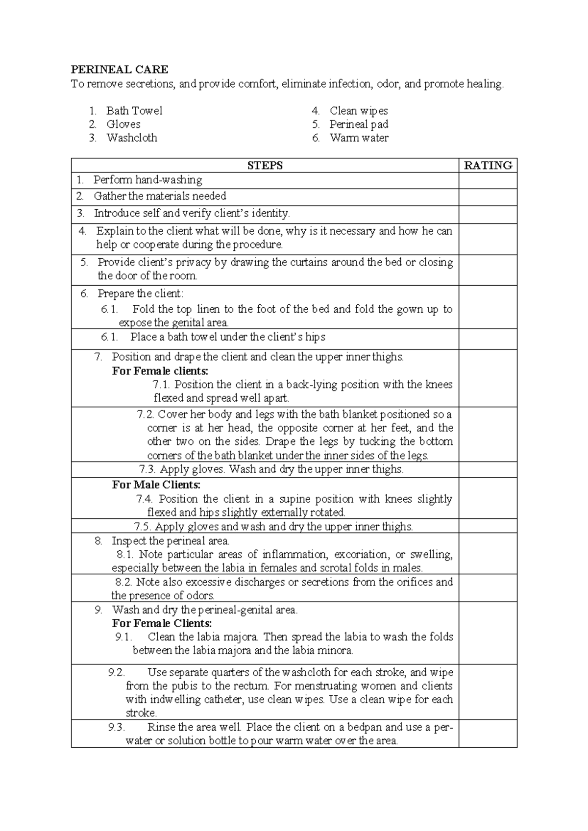 Perineal-Care-latest - PERINEAL CARE To remove secretions, and provide ...