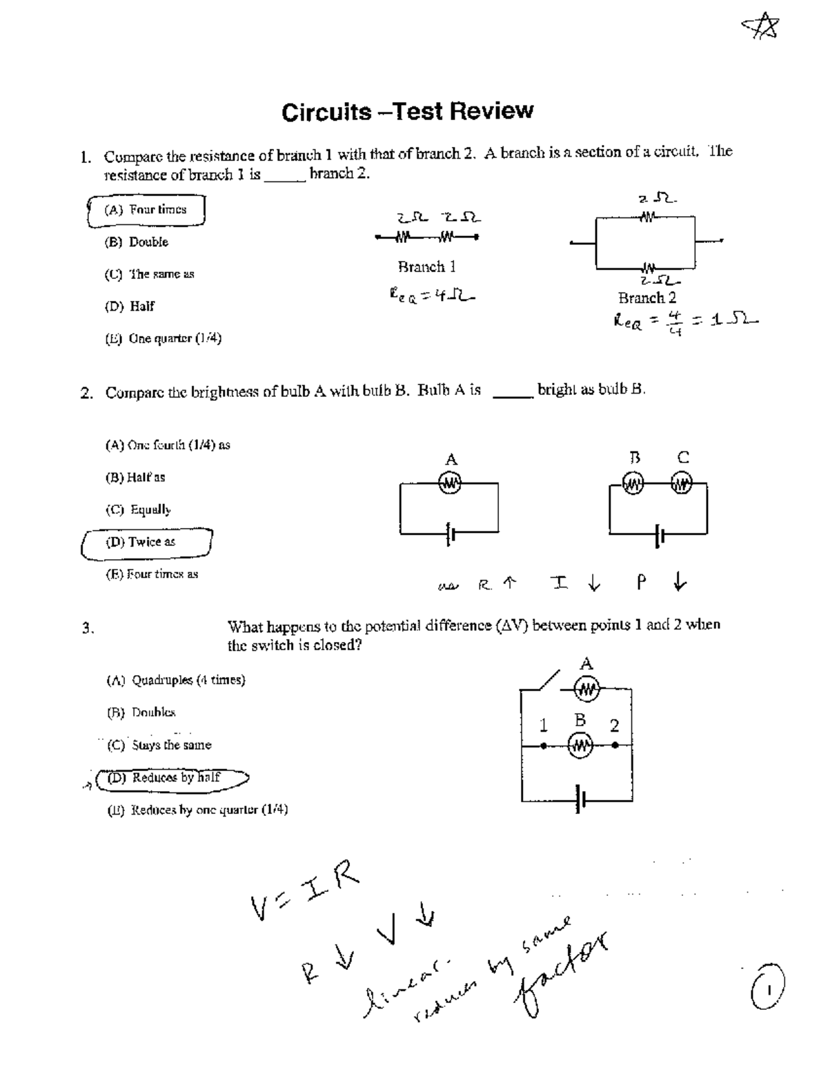 Answers Circuits Test Review Questions - Studocu
