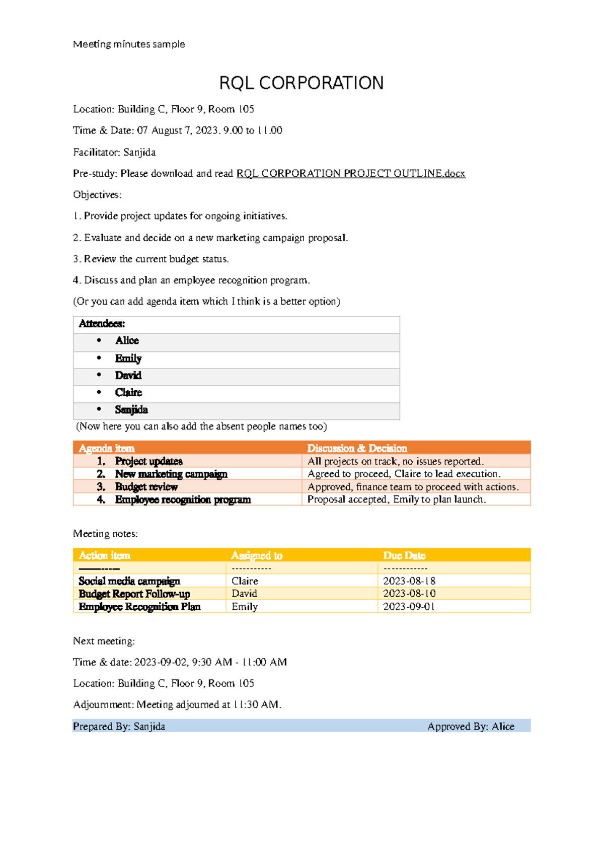 Meeting minutes sample - 9 to 11. Facilitator: Sanjida Pre-study ...