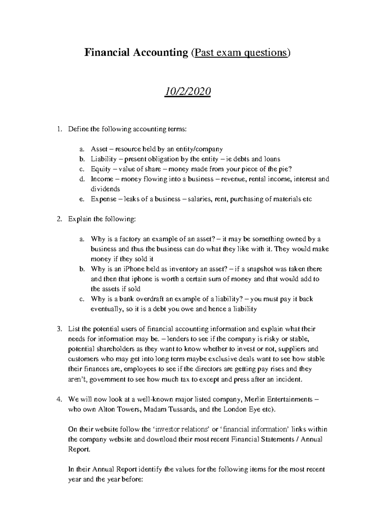 Exam 10 February 2020, questions - Financial Accounting (Past exam ...