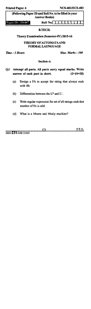 Toc university paper 2016-17 - Printed Pages : 3 Roll No. ECS B. THEORY ...